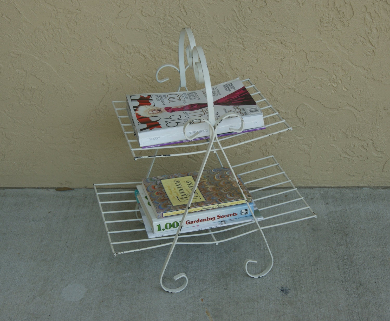 Vintage SHABBY CHIC Style 2 Tiered Magazine Rack/Holder. White Wrought ...