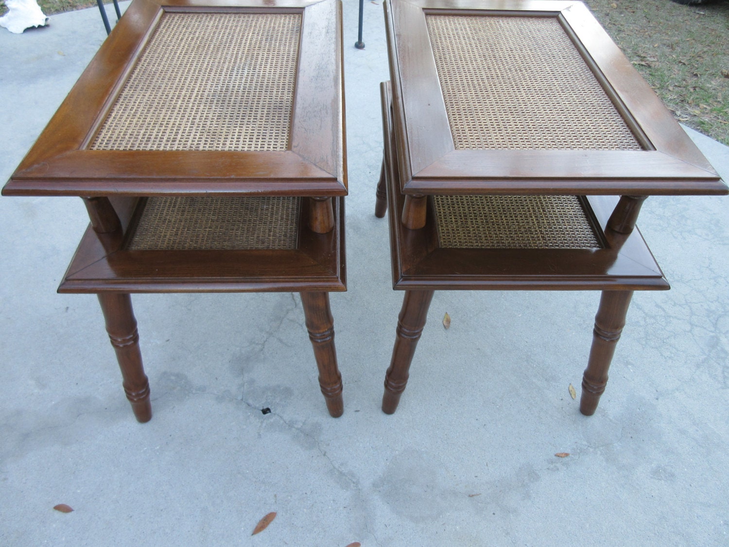 Vintage,set of,matching pair,side tables,two tier,step,cane like woven ...
