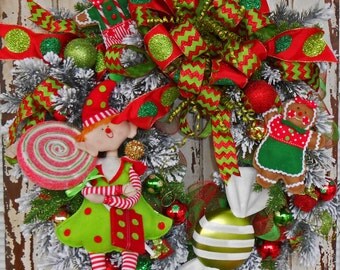 Whimisical Elf Christmas Wreath, Deco Mesh Wreath, Elf Wreath ...