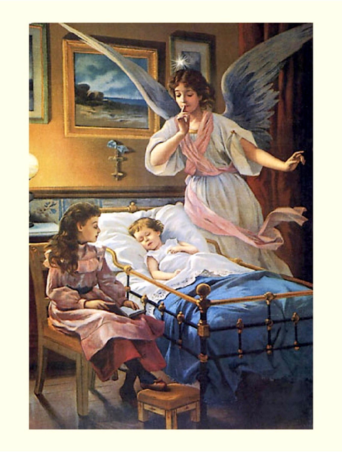 Angel watches over ill child in crib. Religious. Angel