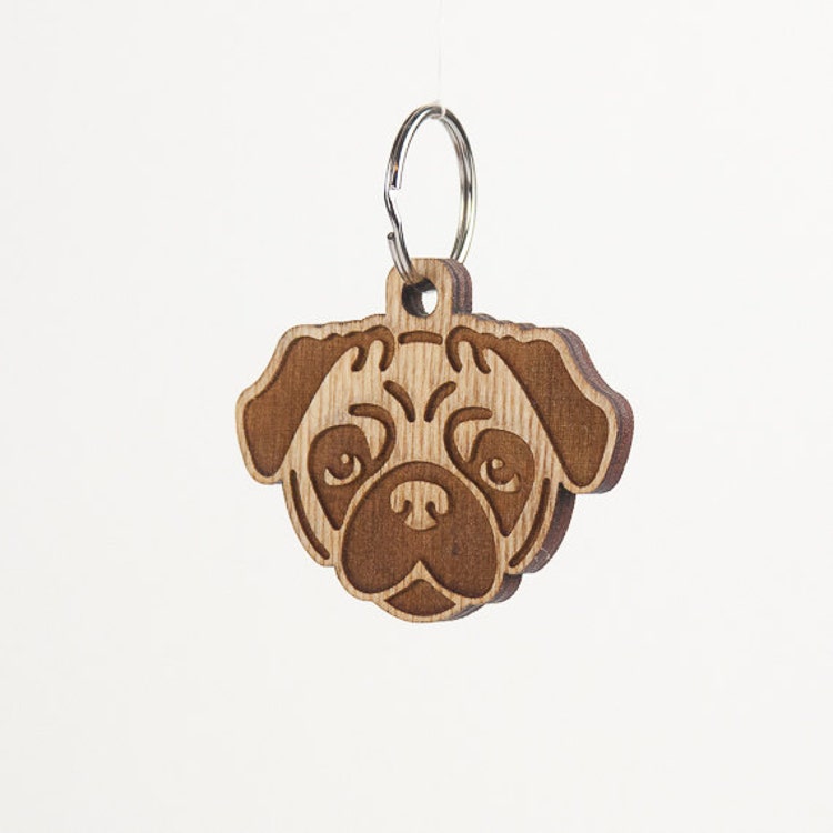 Pug Keychain Pug Dog Carved Wood Key Ring Pug by LadyMaggies