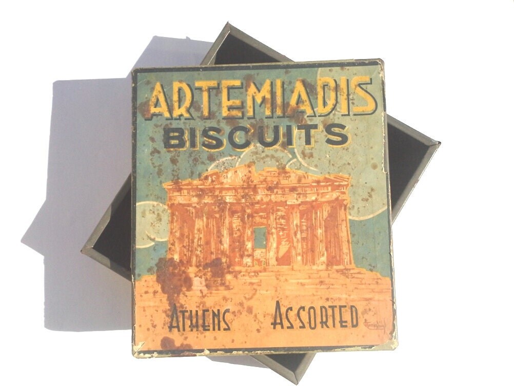 Antique Food Container, Metal Tin Box, Cookie Box, Biscuit Box, Rustic ...