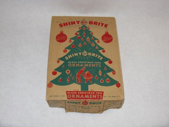 Vintage Shiny Brite cardboard ornament box with assorted