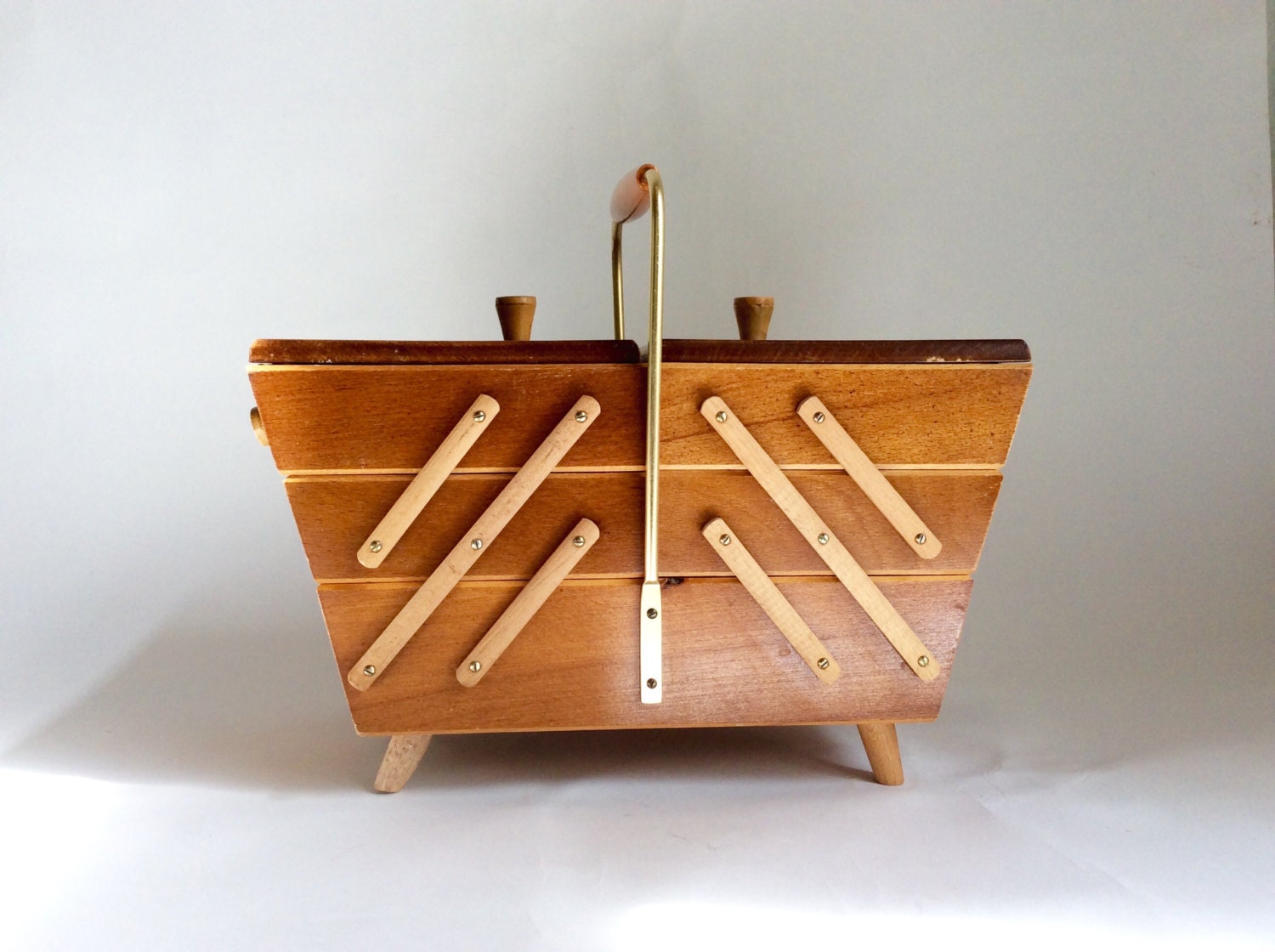 Vintage sewing Basket Wooden knitting sewing box organizer mid Century ...
