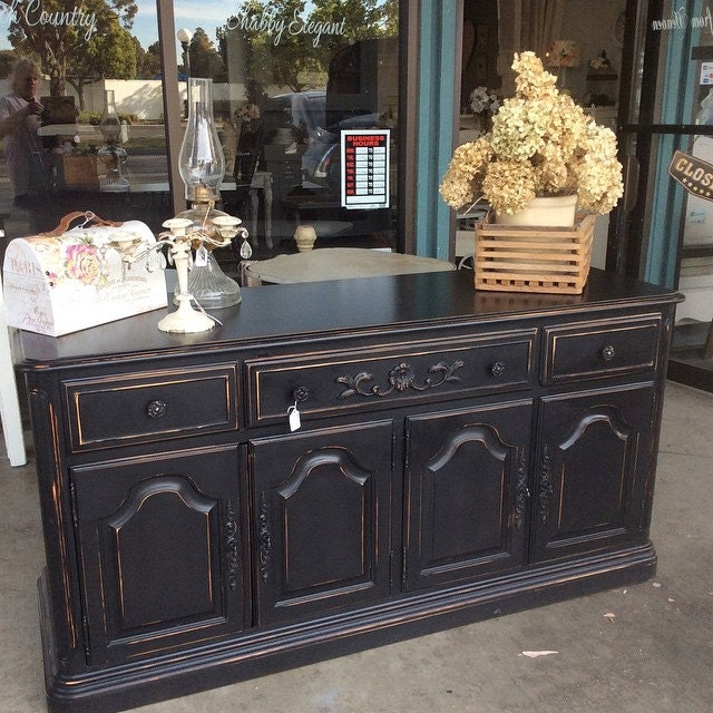 Stunning Black Vintage Distressed Buffet Cabinet Media Stand Cupboard ...