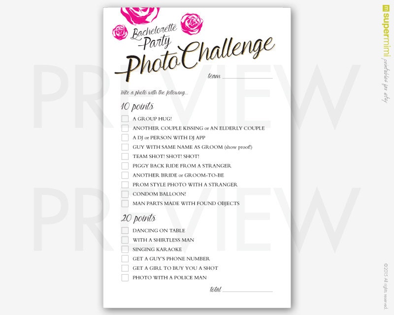 Bachelorette Photo Challenge Game Cards Pink Gold Glitter