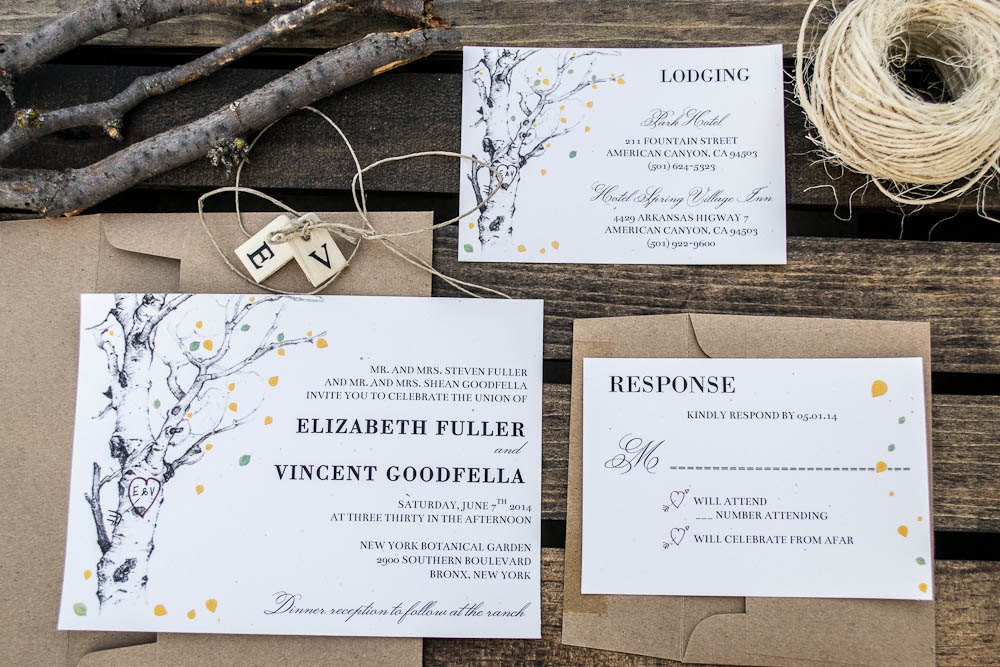 Birch Tree Branch with Heart Initials Wedding Invitation, Organic Wedding Invitation, Rustic ...