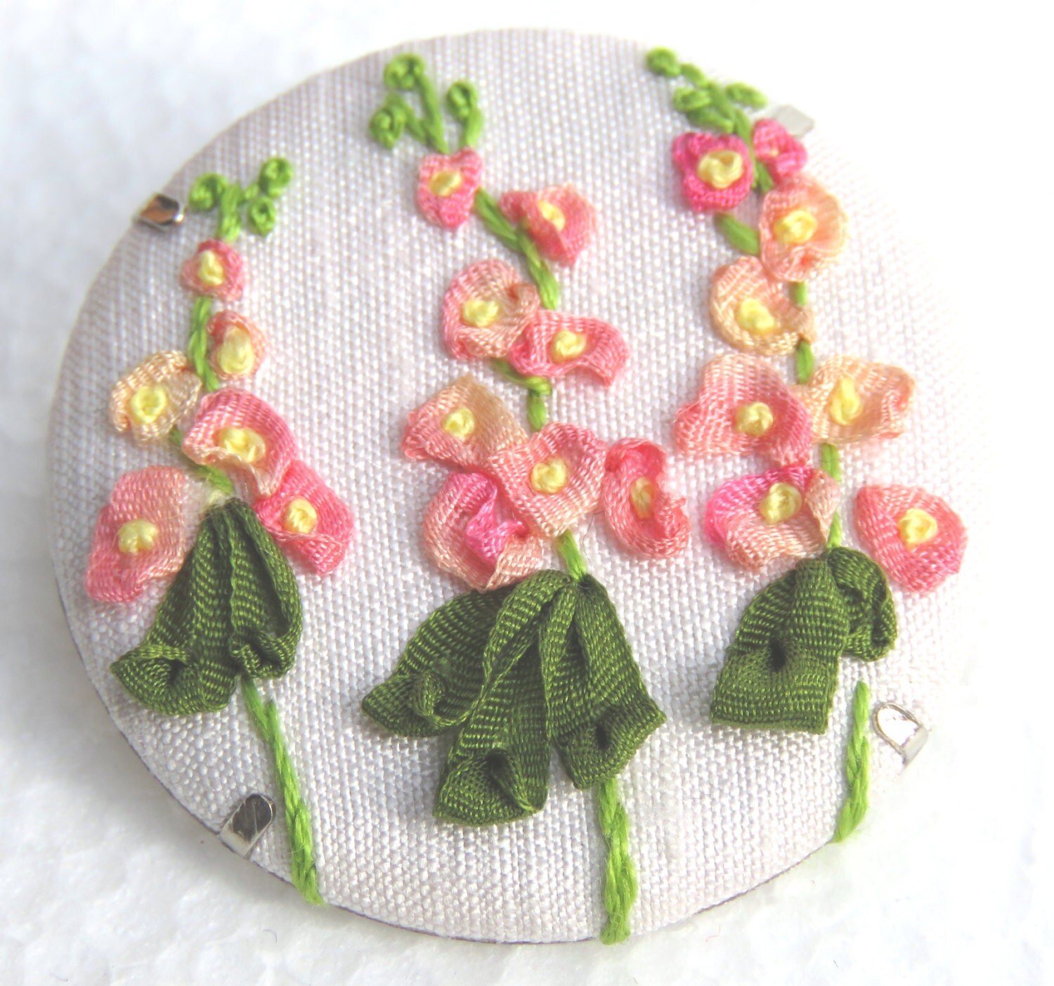 Ribbon hand embroidery hollyhock brooch button in pink and