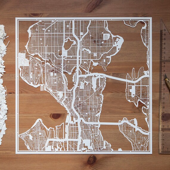 Paper cut map Seattle, 12×12 In. Paper Art IDEAL GIFTS