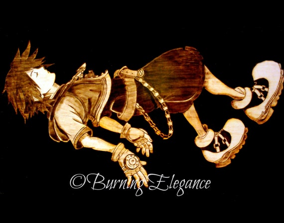 Sora Falling Kingdom Hearts pyrography art by BurningEleganceShop