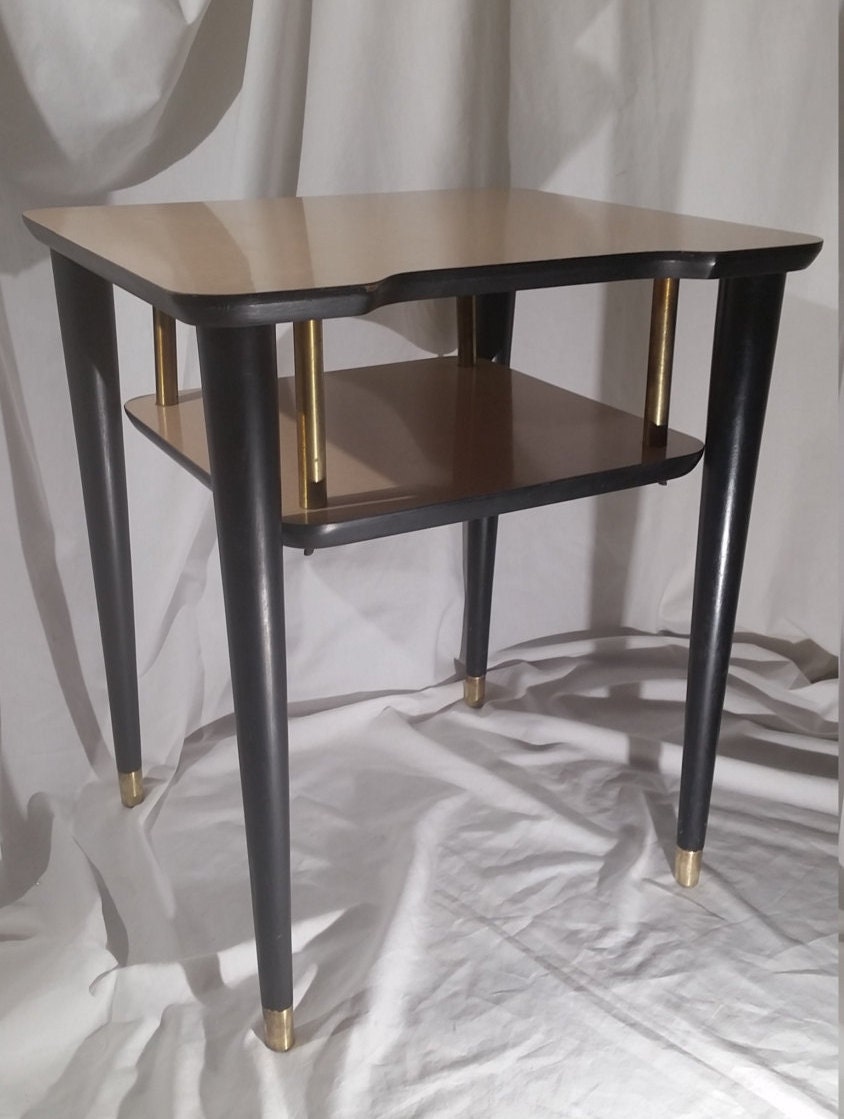 Mid Century 2 Level End Table Telephone Stand Black and Blonde with ...