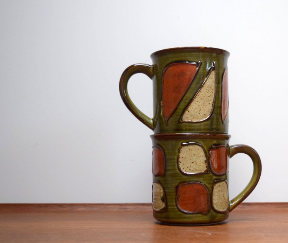Stoneware Coffee Mugs Textured Earthtones Green by TheRecycleista