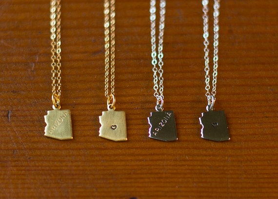 Arizona State Charm Necklace, Gold Arizona Necklace, Heart State ...