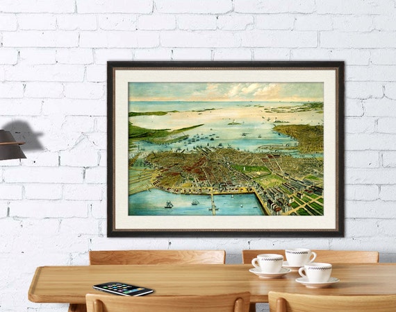 Boston poster Panoramic map of Boston RETRO print Boston