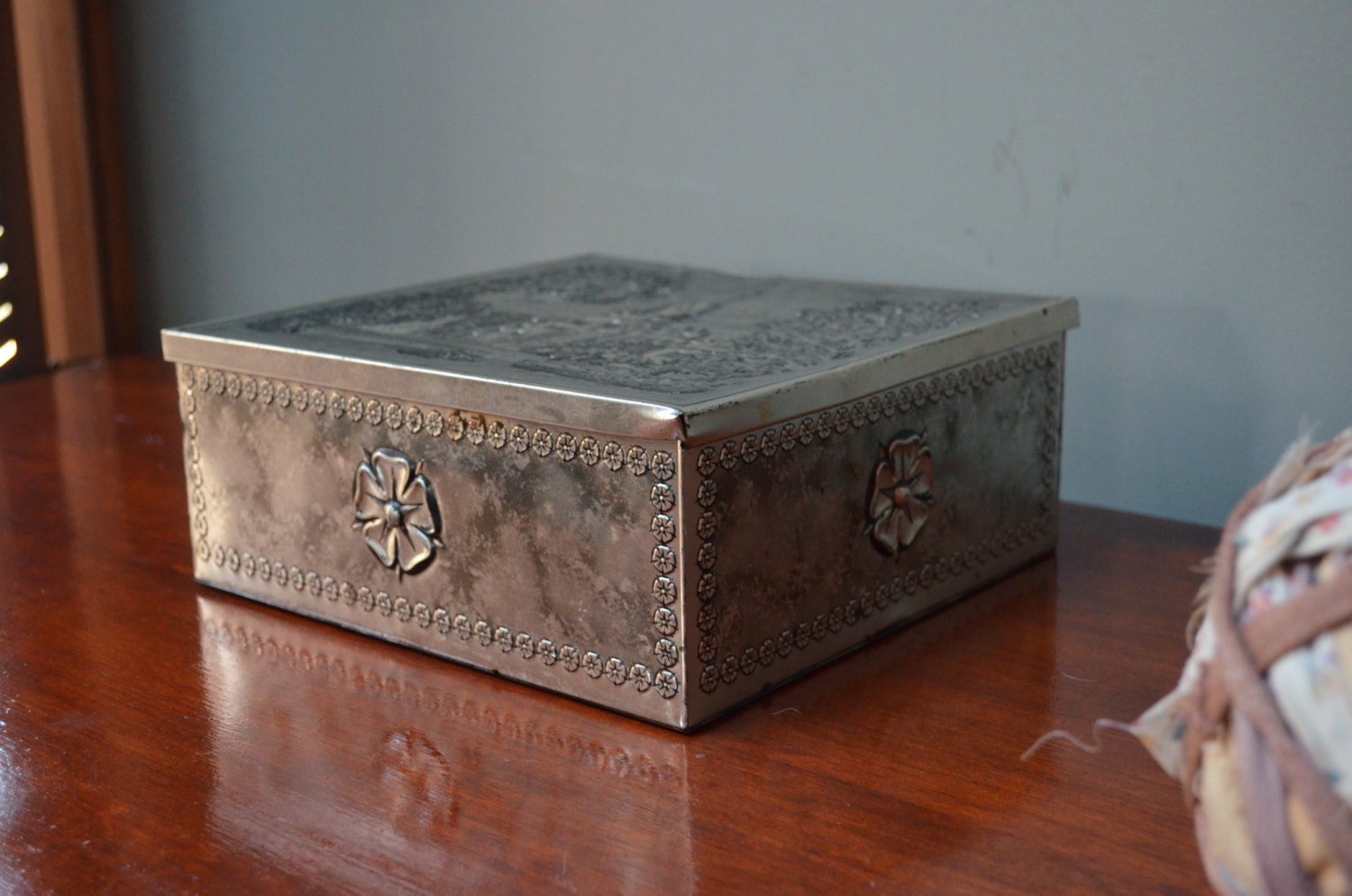 Square Metallic Tin Box with Idyllic Stately Castle – Stamped Pressed ...
