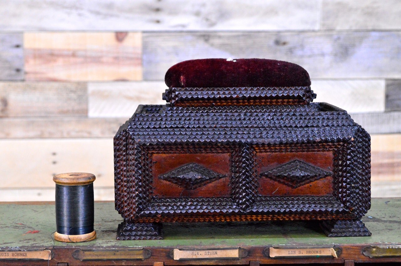 Early 1900s Tramp Art Sewing Box, Antique Sewing Box, Pin Cushion, Folk ...