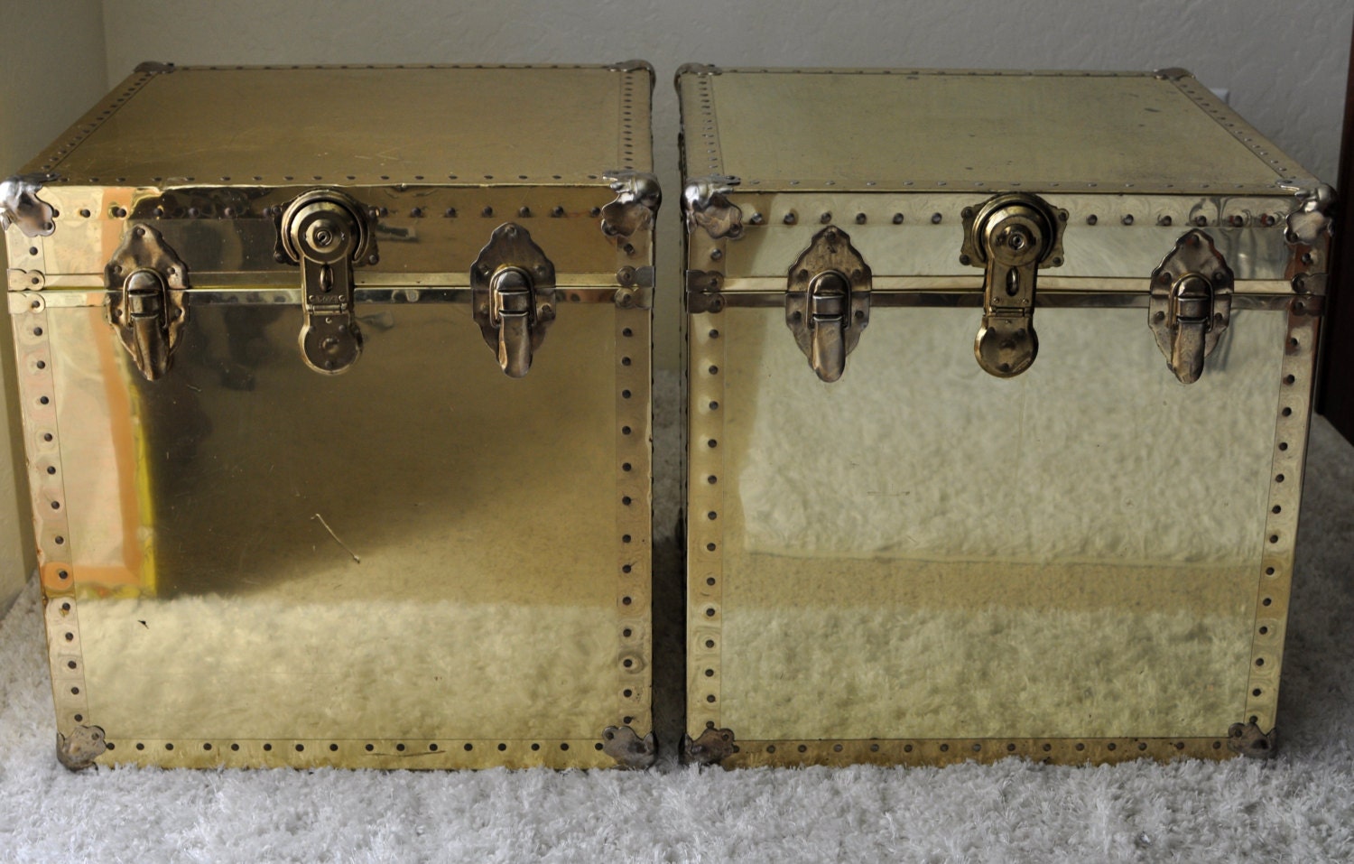 Pair of Vintage Brass Trunks/Hollywood Regency Brass End Table/Square ...