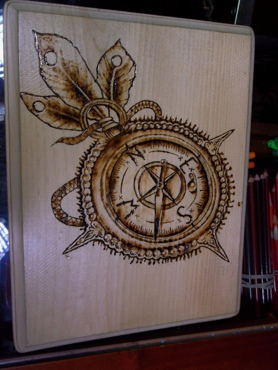 Items similar to Compass Wood burning pyrography art on Etsy