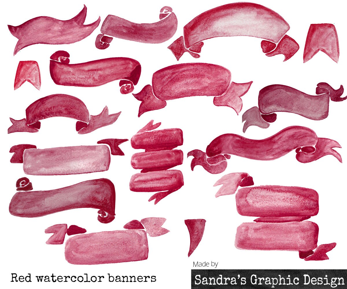 Clipart: “HANDPAINTED BANNERS” with 16 red watercolor banners clipart ...