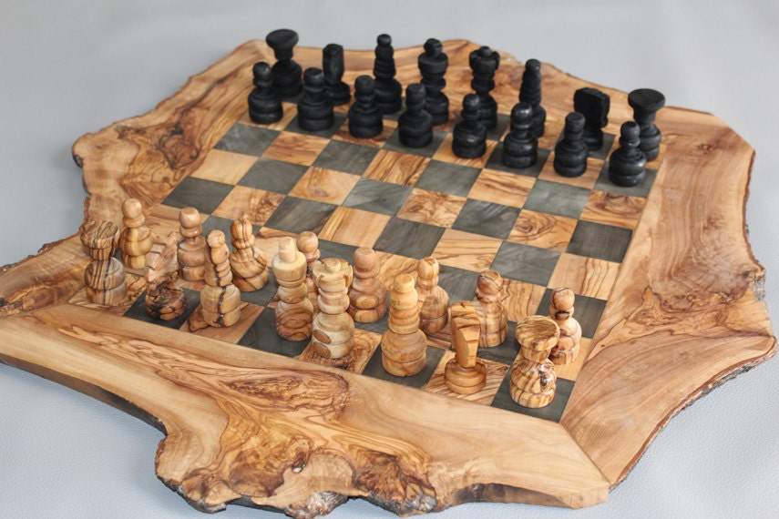 Engraved Olive Wood Rustic Chess Set custom by TunisiaBazaar