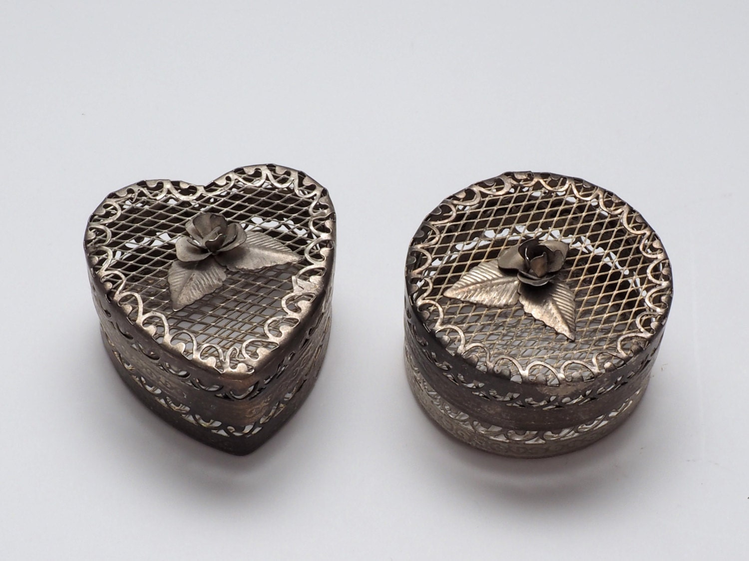Vintage Silver Colored Mesh Trinket Box, Two Available Heart Shape and ...