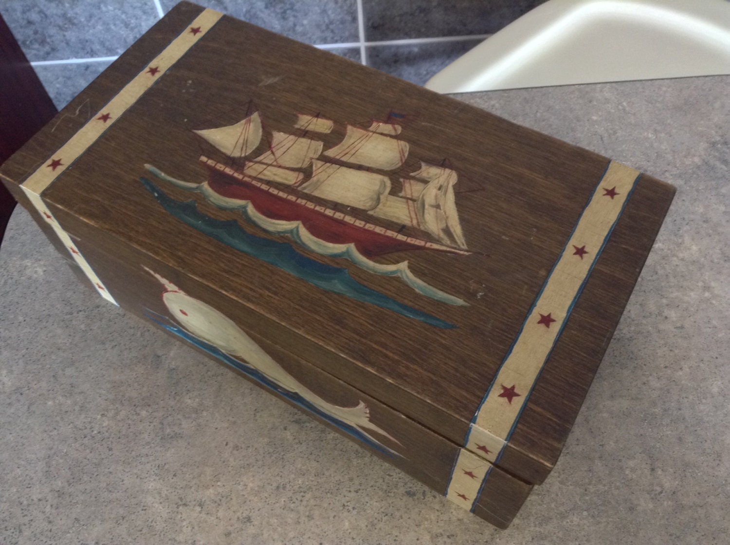 Antique wooden box with lid painted sailboat and whale – Haute Juice