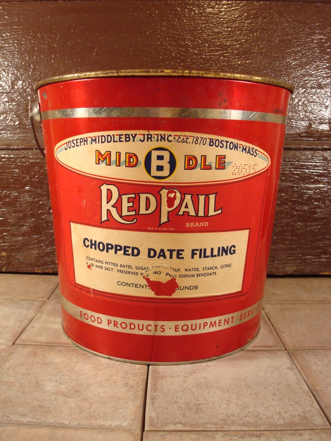 Large red vintage industrial advertising metal pail with a metal and ...
