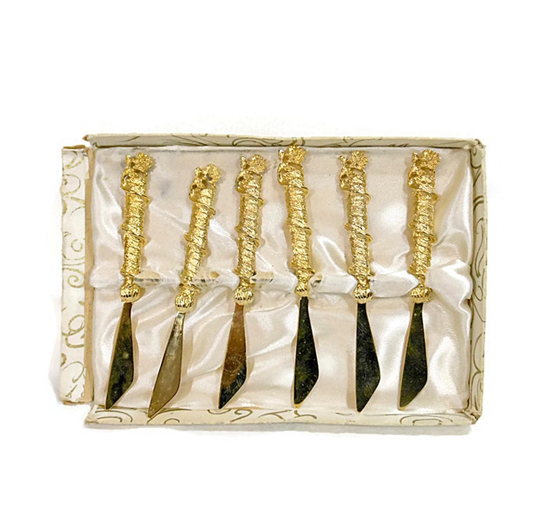 Vintage Metal Cocktail Knife Set Mini Gold Tone Baroque Original Box ...