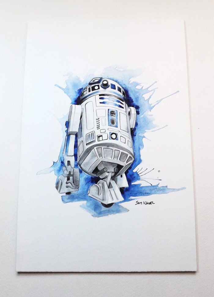 R2D2 fan art Original watercolor painting