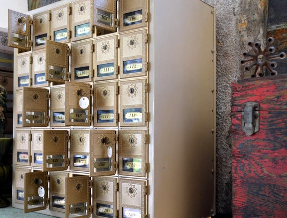 Vintage Post Office Box Mail Cubby Cabinet: USPS Storage Block