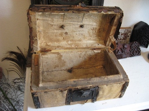 Genuine Antique 1800s Hide Covered Trunk Document Personl Effects ...