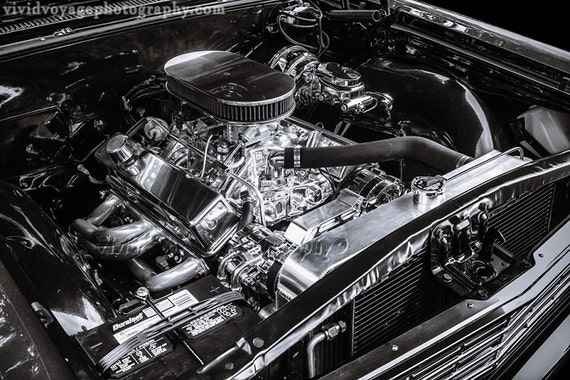 Car Engine Photograph Black and White Print Classic Car Art