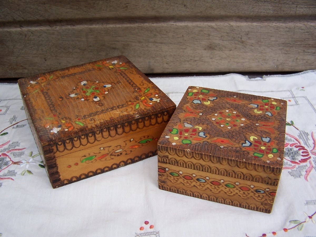 two vintage wooden russian boxes, painted wooden boxes, hinged wooden ...