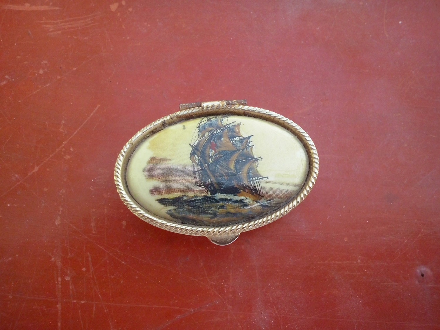 VINTAGE golden tone metal box, boat box, galley box, treasure box, pill ...