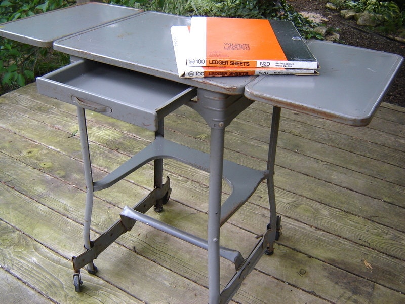Typewriter Table With Drawer Metal Rolling Cart Mid Century Industrial ...