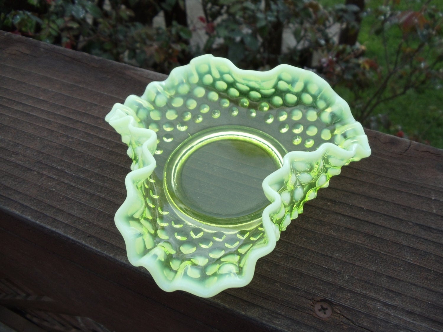 Vintage Fenton Vaseline Glass Hobnail Candy Dish Vintage Fenton Vaseline Glass Hobnail Candy Dish