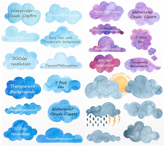 Big Set of Watercolor Clouds Clipart 28 PNG files Clouds