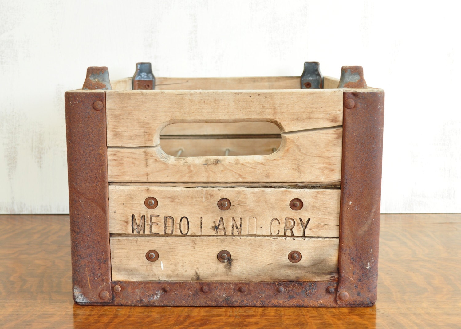 Vintage Medoland Creamery Milk Crate, Rustic Wood and Metal Storage Box ...