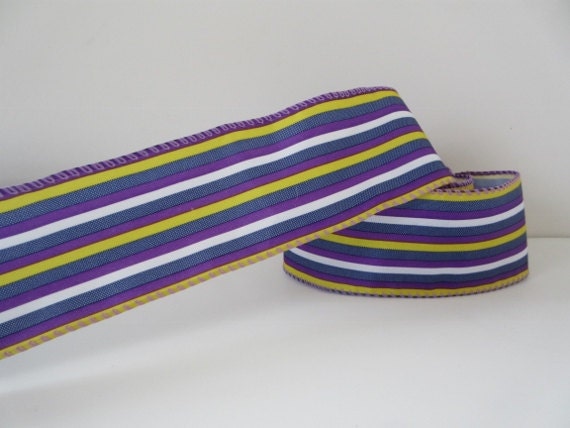 Purple and Yellow Stripe Navy Ribbon Wired 2 1/2 inch