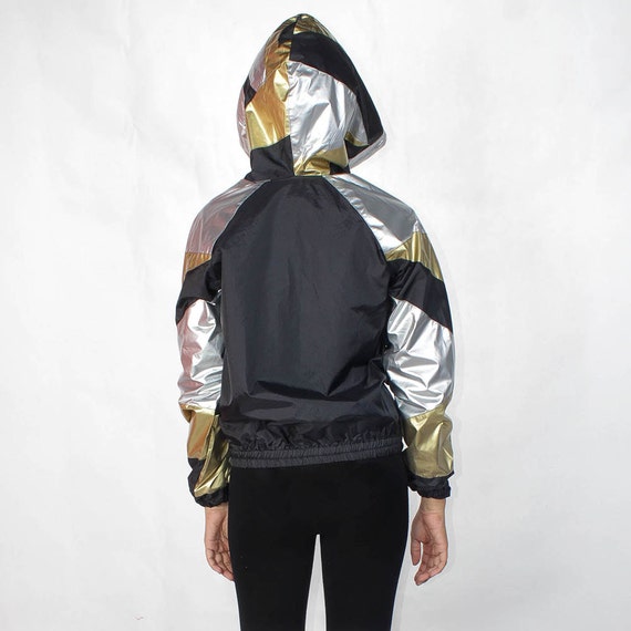Gold Silver Patchwork Sleeve&Hood Unisex Windbreaker Hood