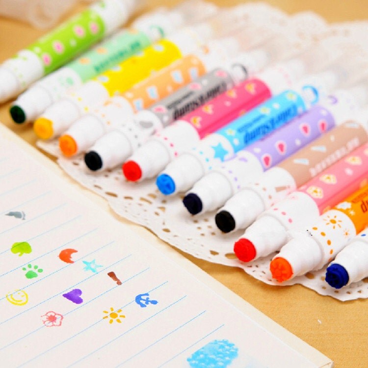 Set of 12 colors 2 side watercolor pens color stamps Art