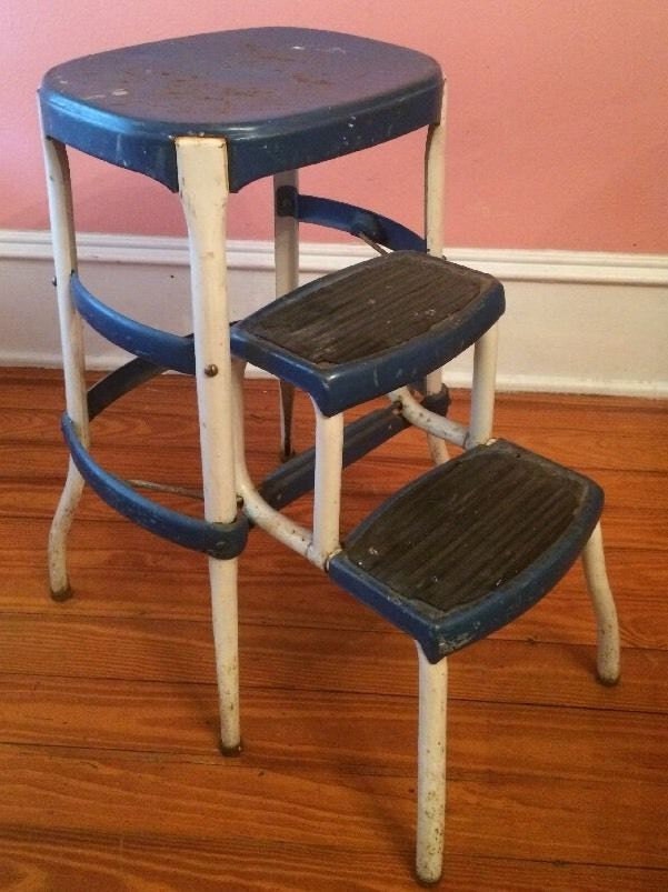 Cosco Metal Blue Step Stool Chair Ladder Kitchen Industrial Age Seat ...