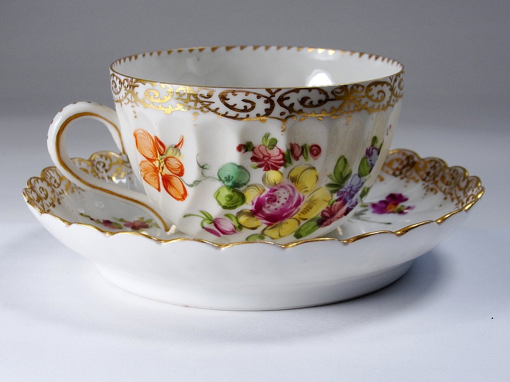 Antique German DRESDEN Tea Cup and Saucer Set by TeacupsAndOldLace