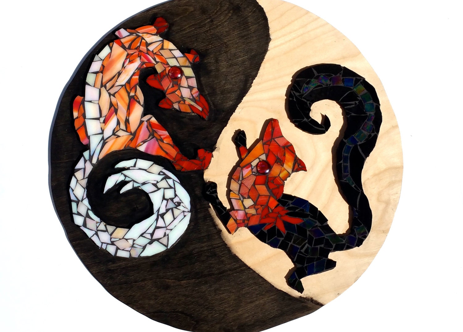 Yin Yang Mosaic Art Foxes. Zen Harmony Mixed Media Artwork.
