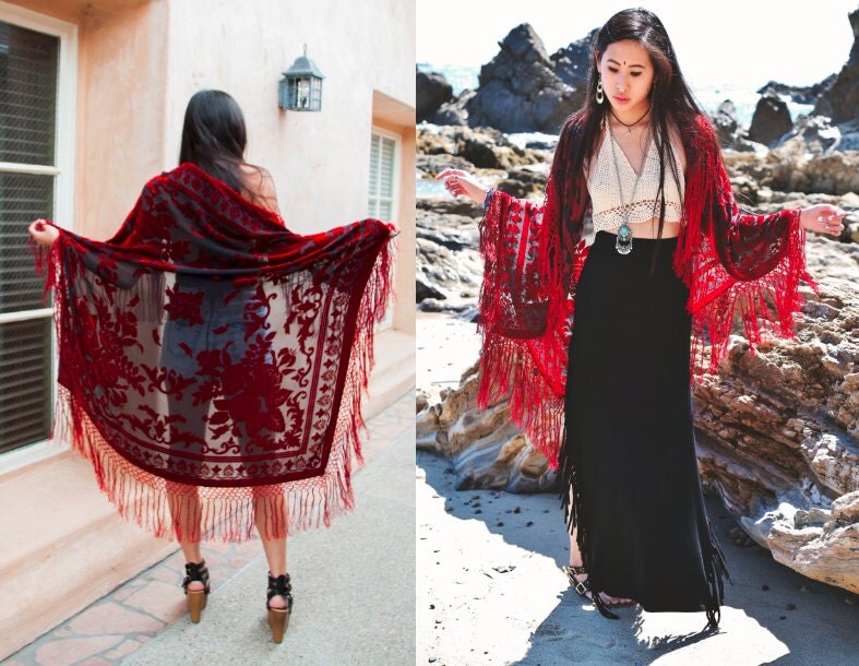 VTG 90’s Red Velvet Gypsy Rose Sheer Scarf Shawl with Fringe – Haute Juice