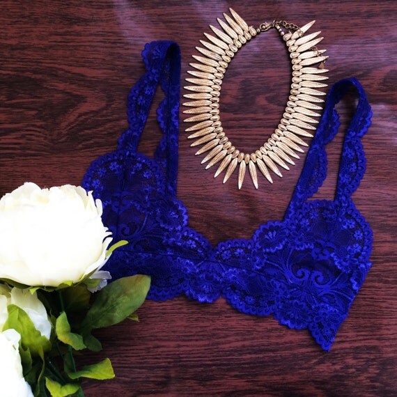 Royal blue elegant lace bralette soft bra handmade lingerie