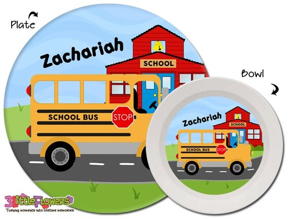 Personalized School Bus Plate and Bowl Set by 3littleflowers