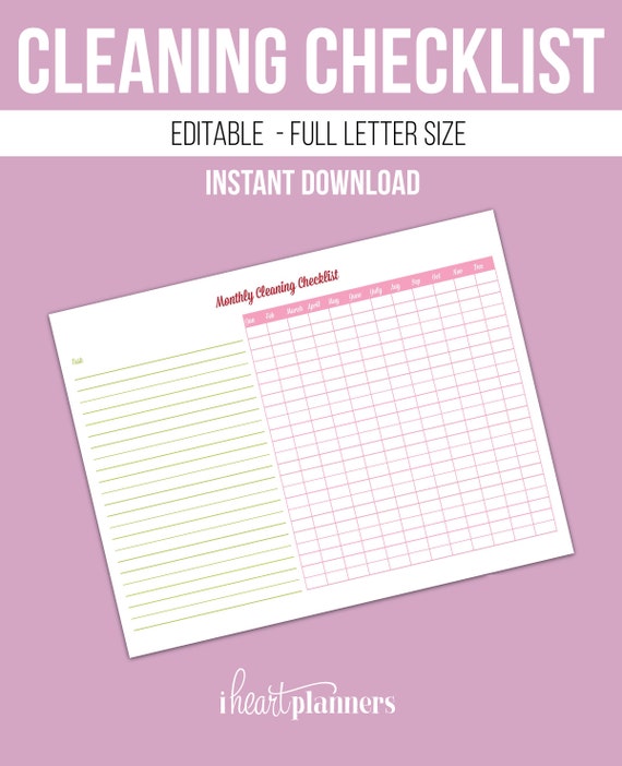 Cleaning Checklist Editable Printable PDF Monthly INSTANT