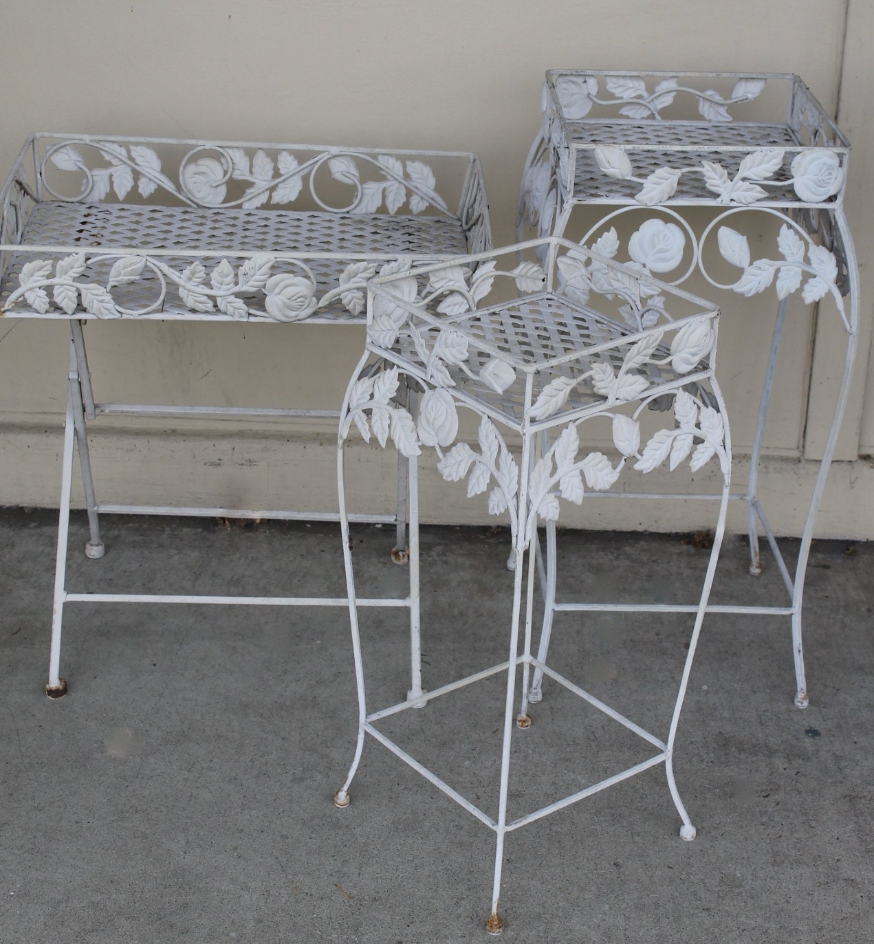 Set of 3 white wrought metal patio tables with basket-weave tray tops ...