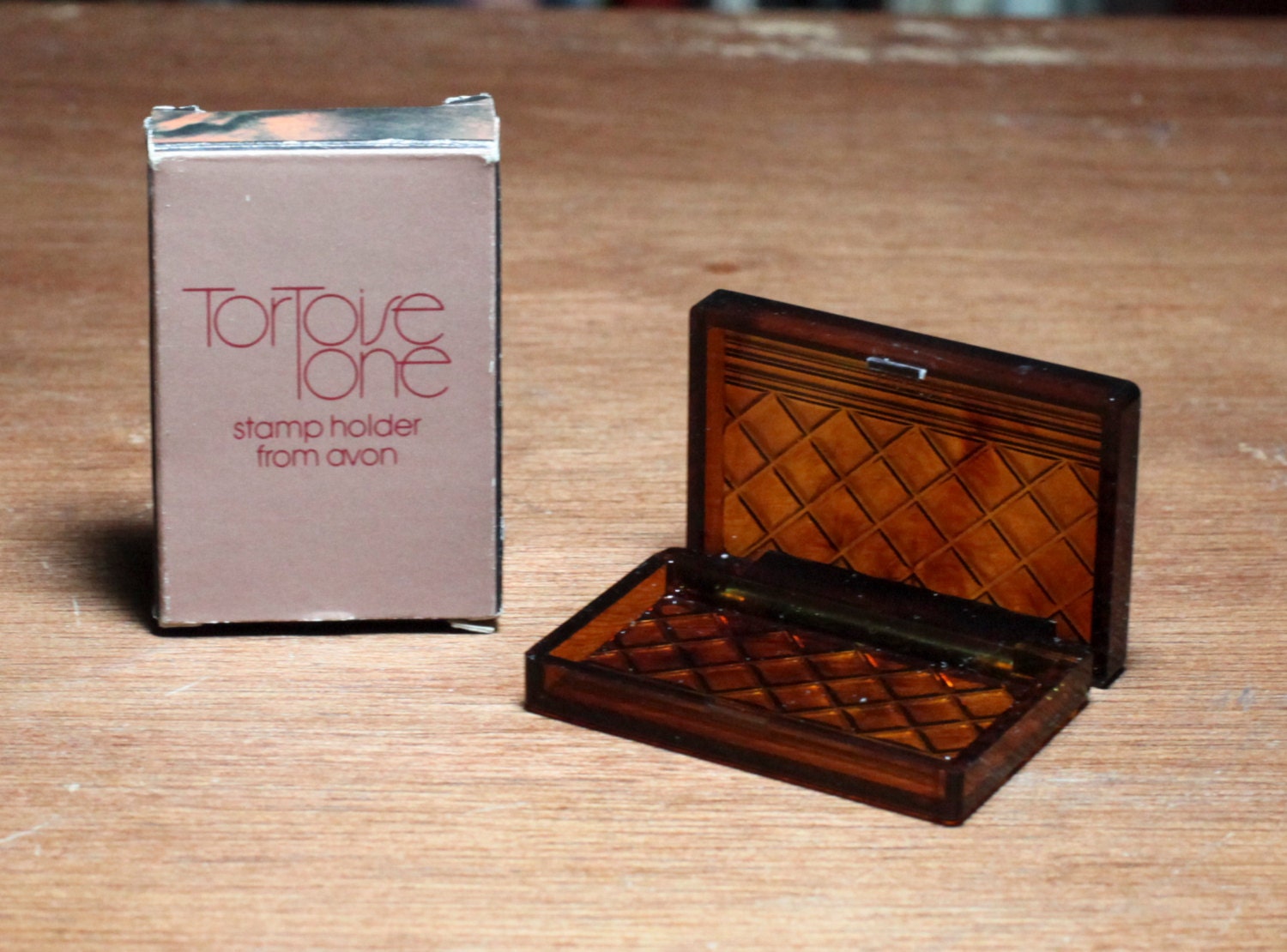 Original Vintage AVON Tortoise Tone Stamp Holder, New with Original Box ...
